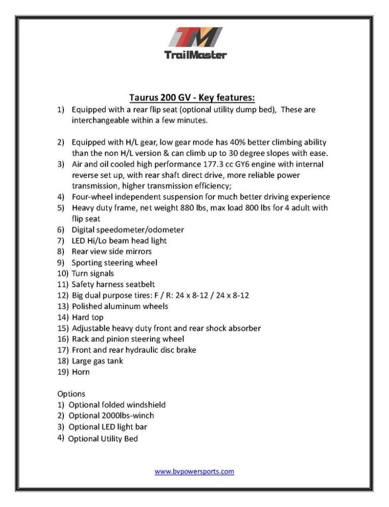 Trailmaster Taurus 200GV UTV - Powerful Gas Off-Road Utility